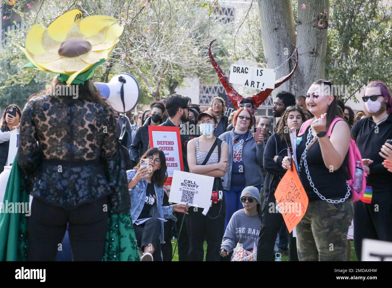 Xiara Flores from Trans Queen Pueblo makes a speech to the crowd before ...
