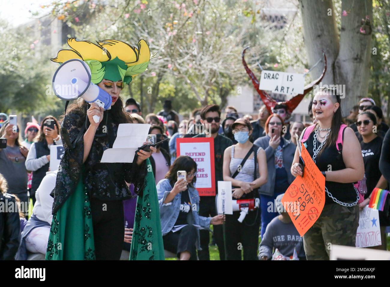 Xiara Flores from Trans Queen Pueblo makes a speech to the crowd before ...