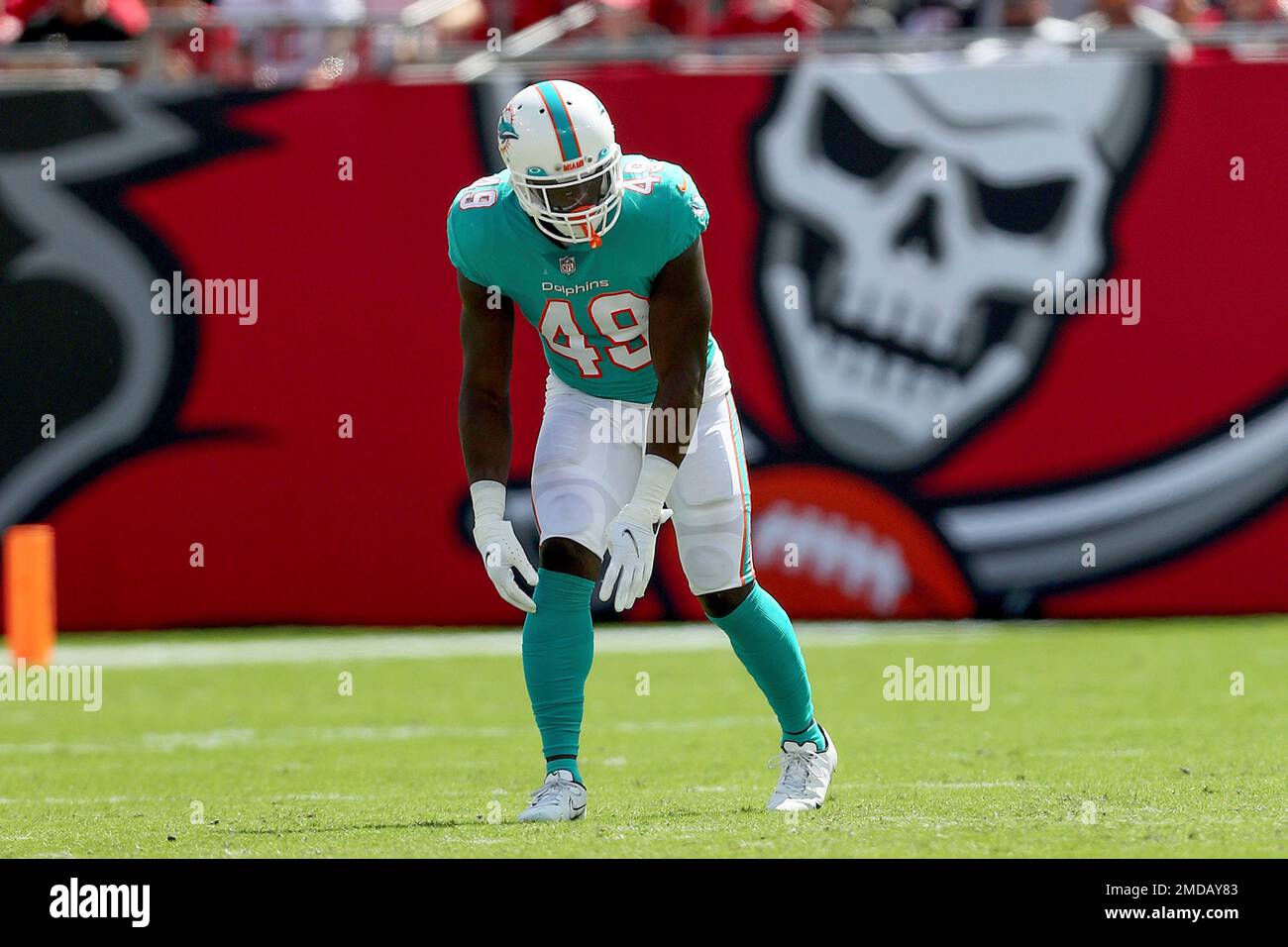 Miami Dolphins linebacker Sam Eguavoen (49) gets ready for play to ...