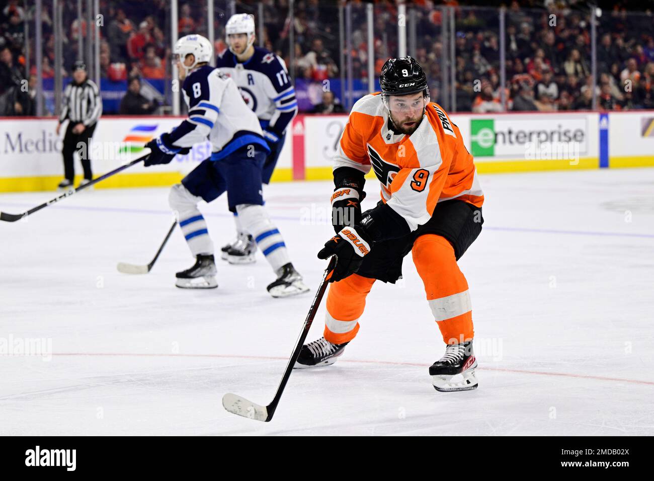 Philadelphia Flyers' Ivan Provorov (9) skates for the puck during the ...