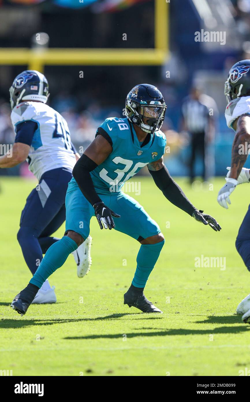 Jacksonville Jaguars safety Andre Cisco (38) reacts during an NFL ...