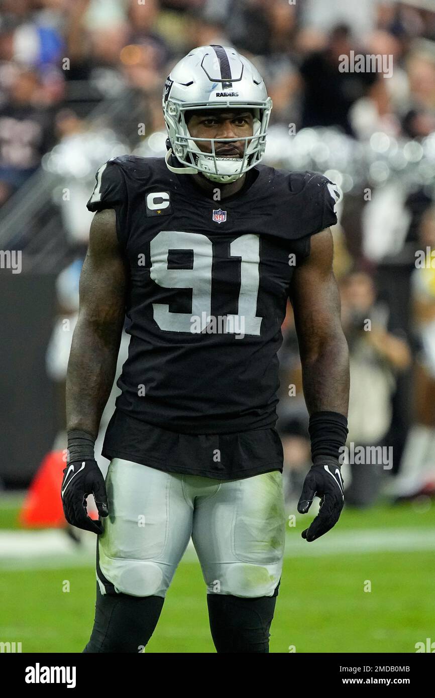 Las Vegas Raiders defensive end Yannick Ngakoue (91) during an NFL football game against the ...