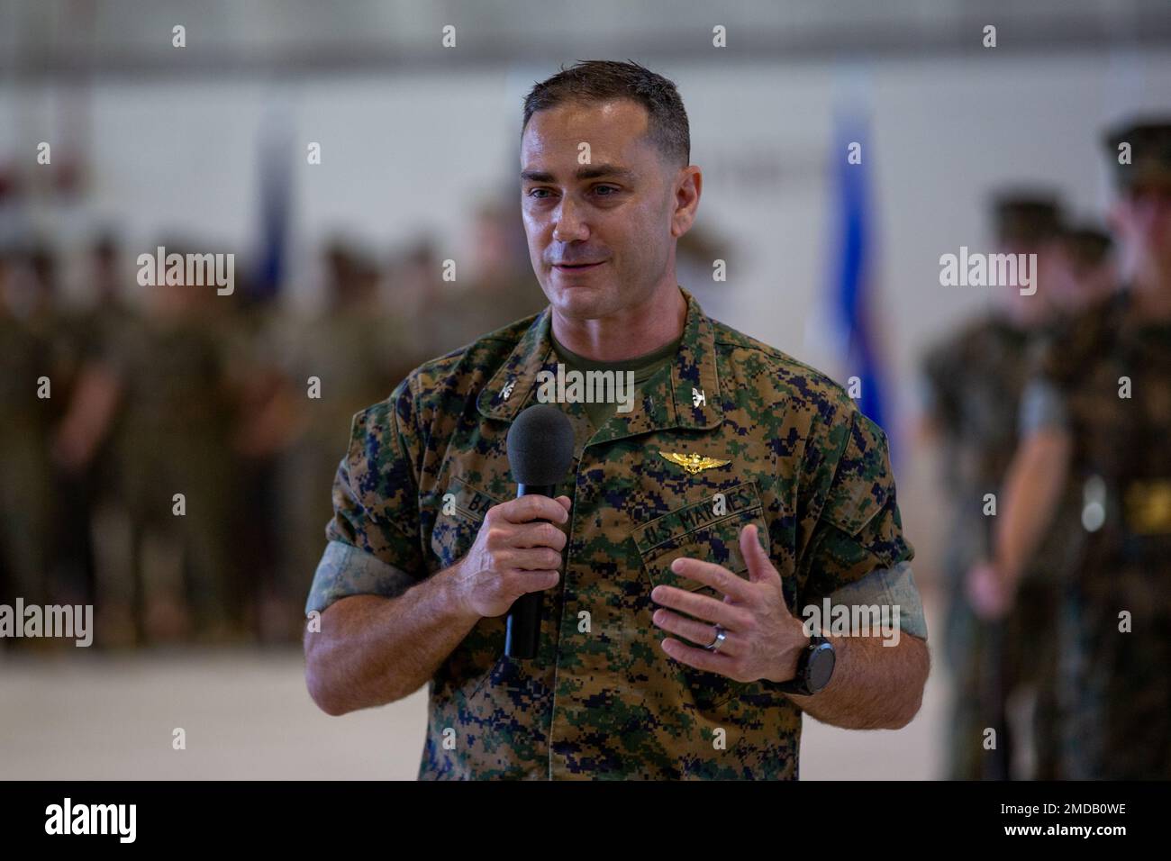 U.S. Marine Corps Col. James T. Bardo speaks to the audience during a ...
