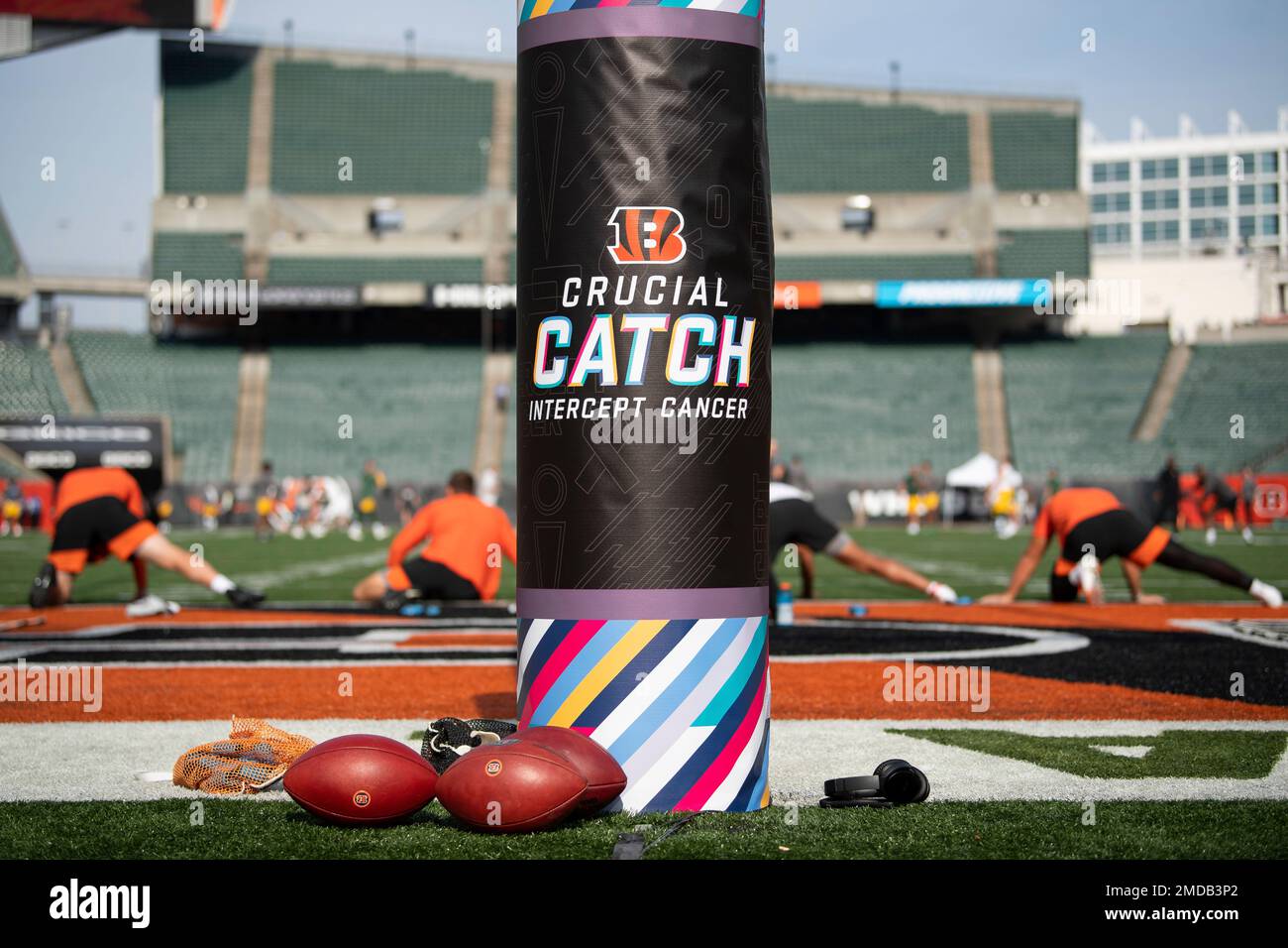 A goalpost is covered with Crucial Catch banner during an NFL football ...