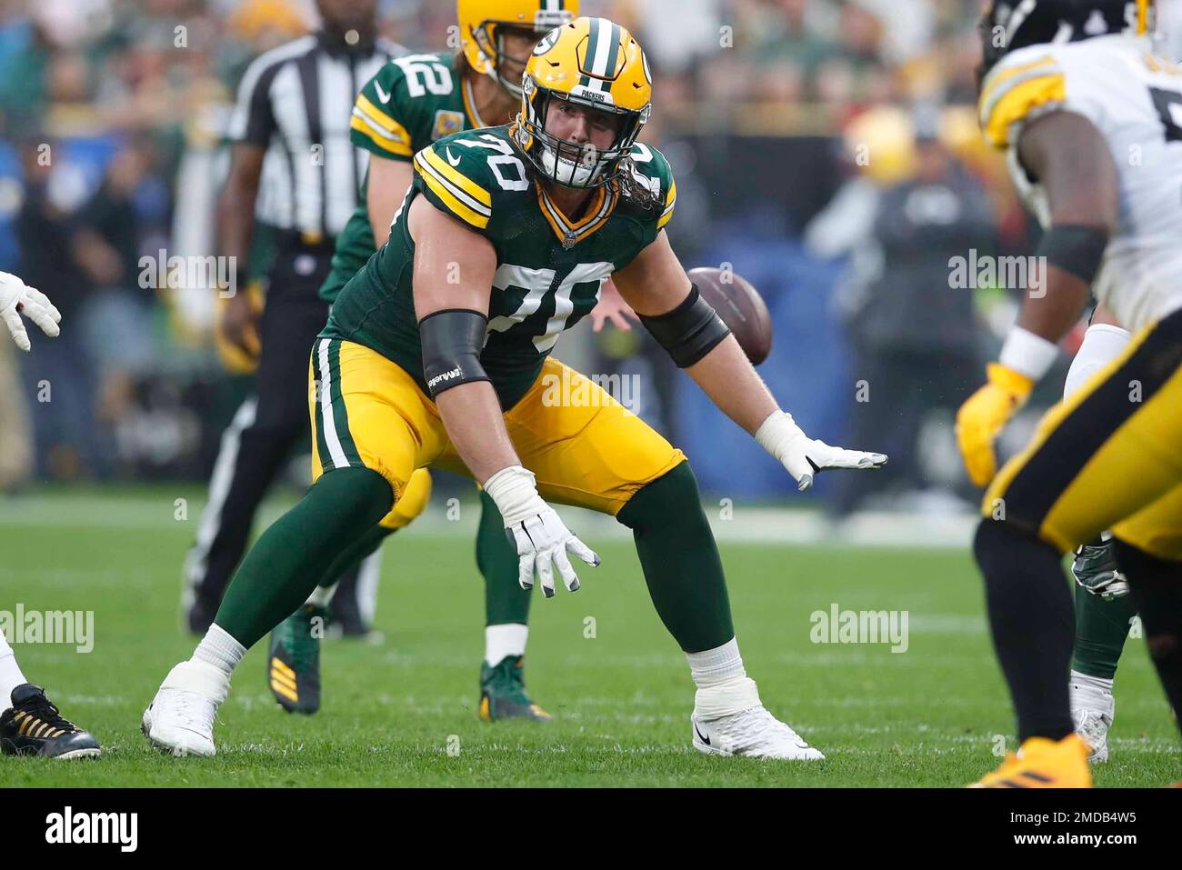 Green Bay Packers guard Royce Newman (70) set to block against the ...