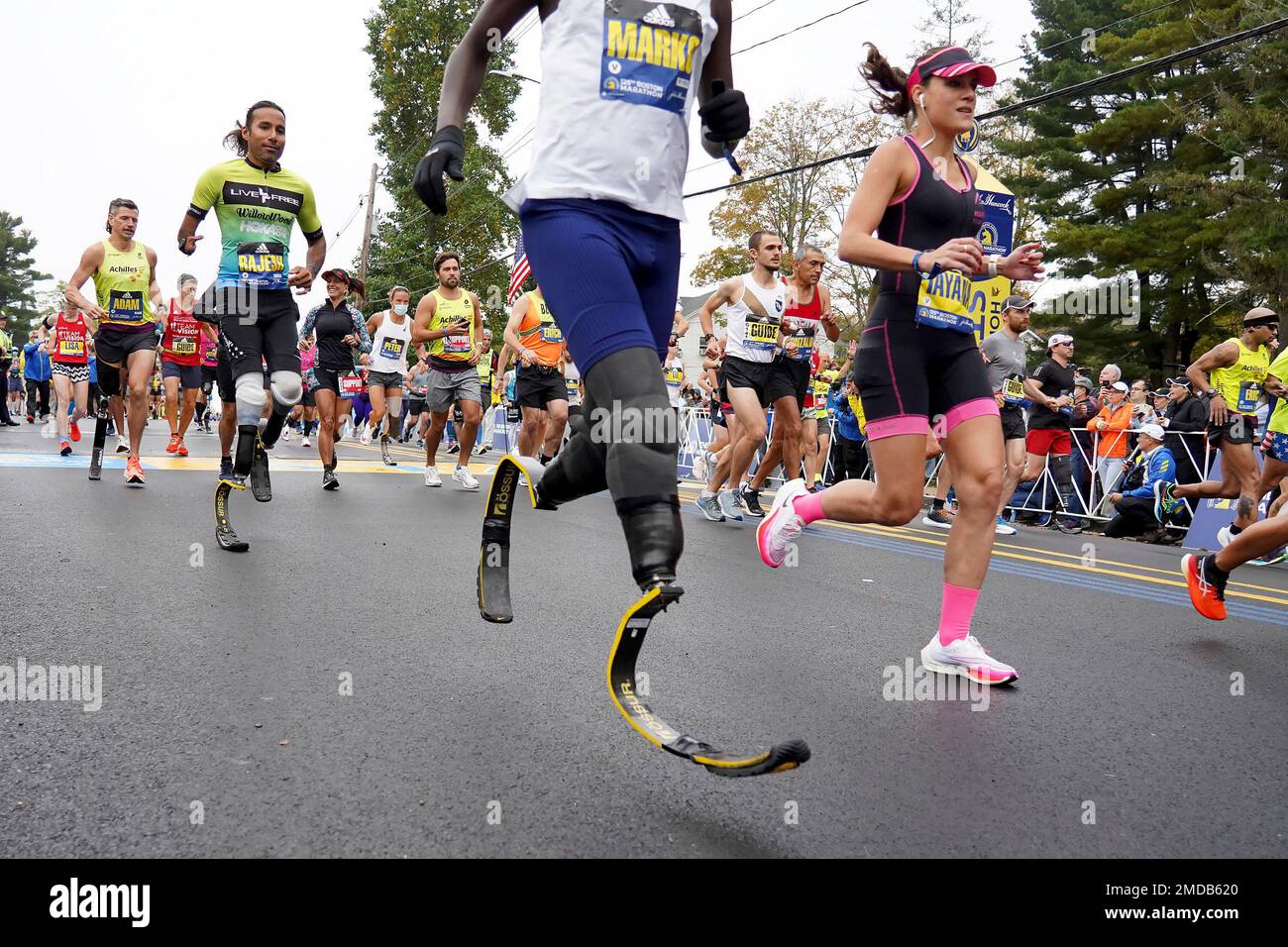 Runners head out from the starting line of the 125th Boston Marathon ...