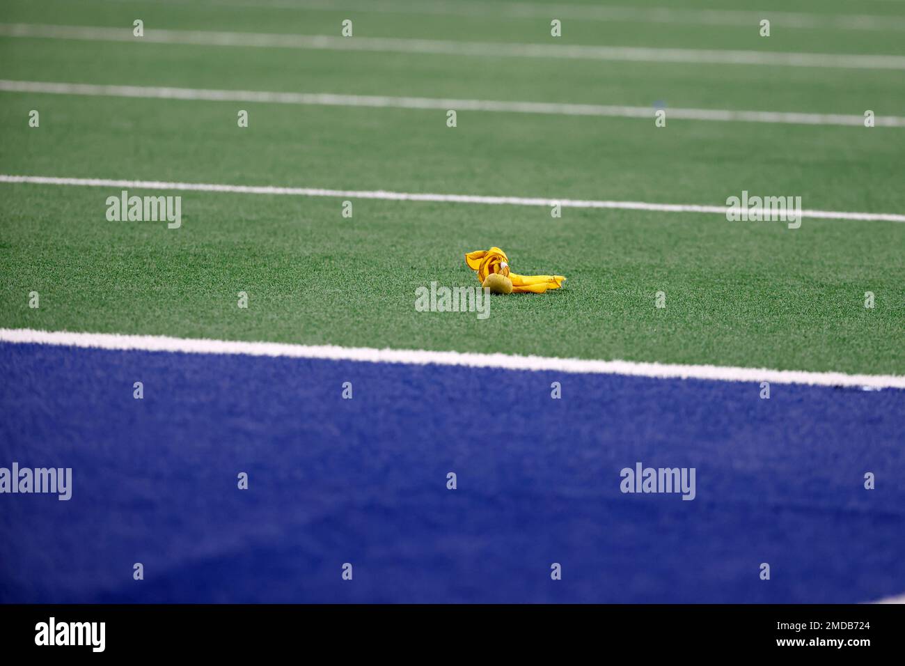 A penalty flag lays on the field during an NFL football game between ...