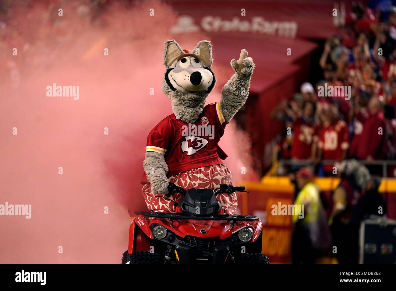 The Kansas City Chiefs mascot, KC Wolf, is seen, before the start of an ...