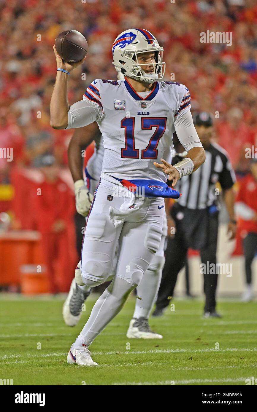 Buffalo Bills quarterback Josh Allen (17) looks down field during an ...