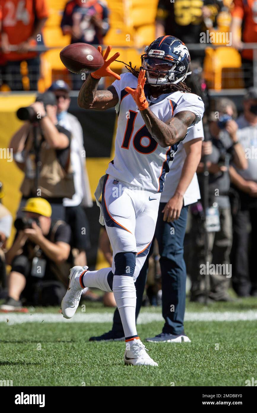 Denver Broncos wide receiver Tyrie Cleveland (16) warms up before an ...