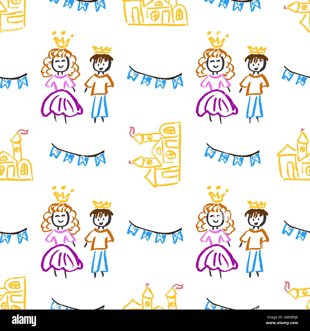 Fairytale seamless pattern. Princess, prince. Children's drawings with ...