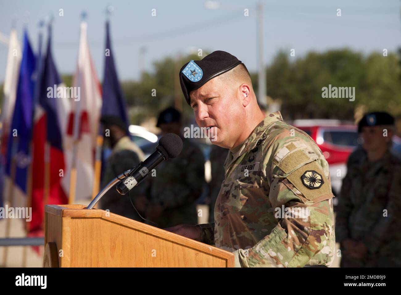 U.S. Army Brig. Gen. Sean Davis, presents a speech at the change-of ...