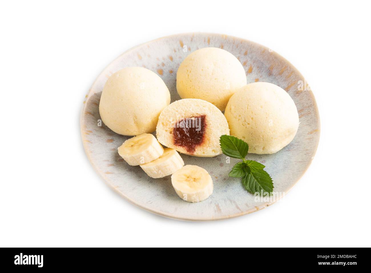 Japanese rice sweet buns mochi filled with jam isolated on white ...