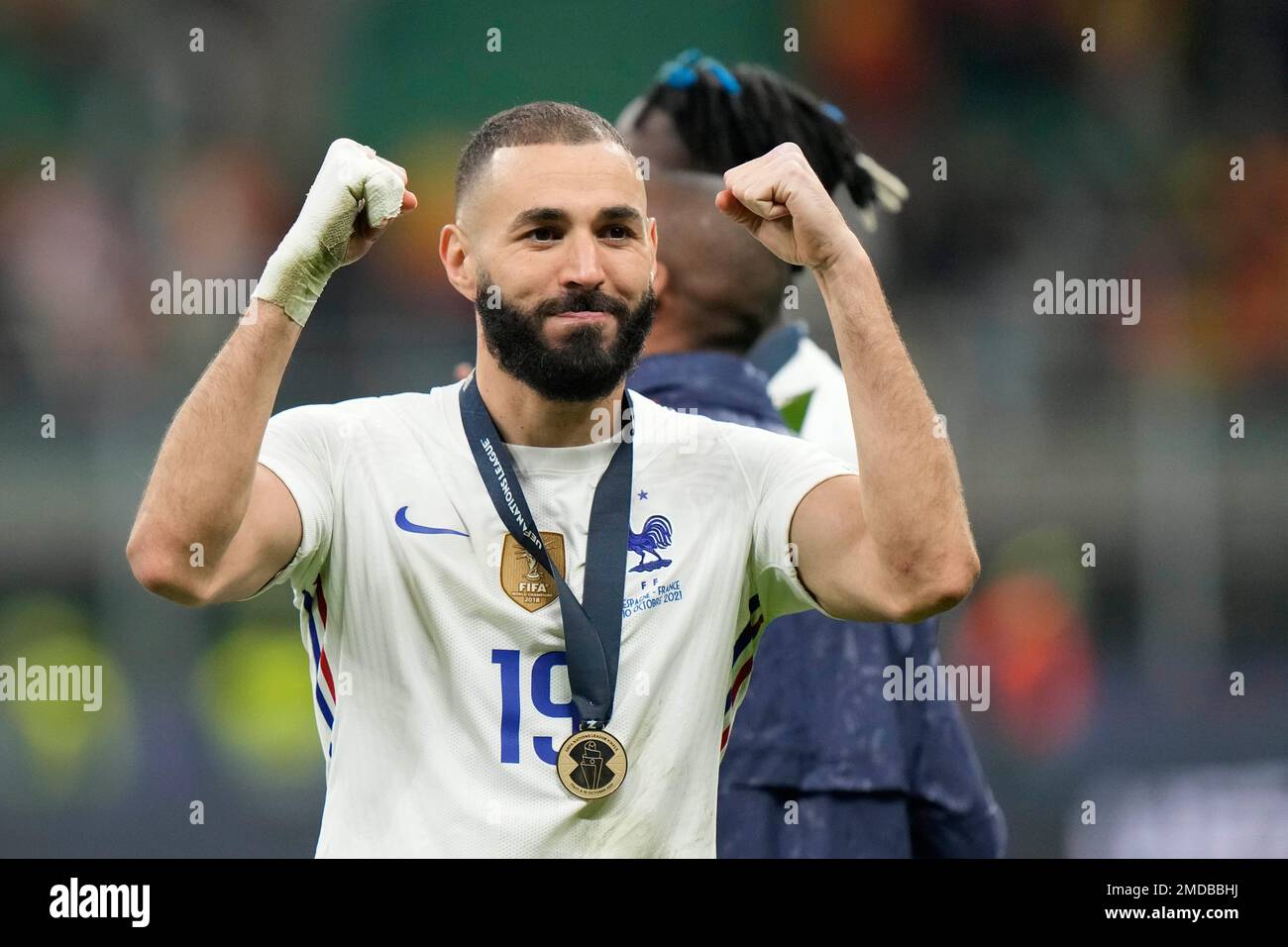 France's Karim Benzema celebrates at the end of the UEFA Nations League ...