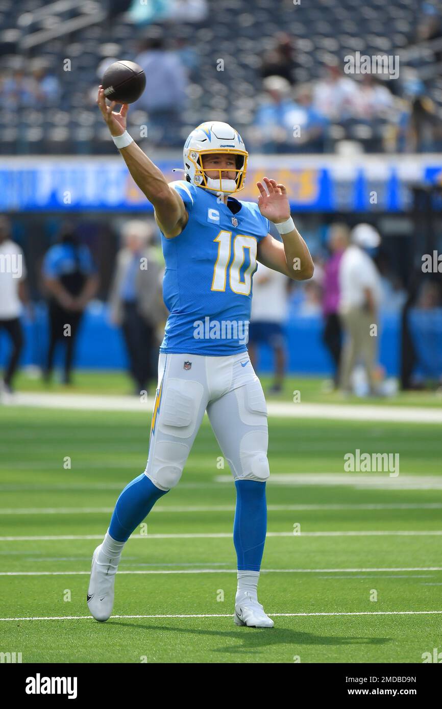 Los Angeles Chargers quarterback Justin Herbert throws before an NFL ...