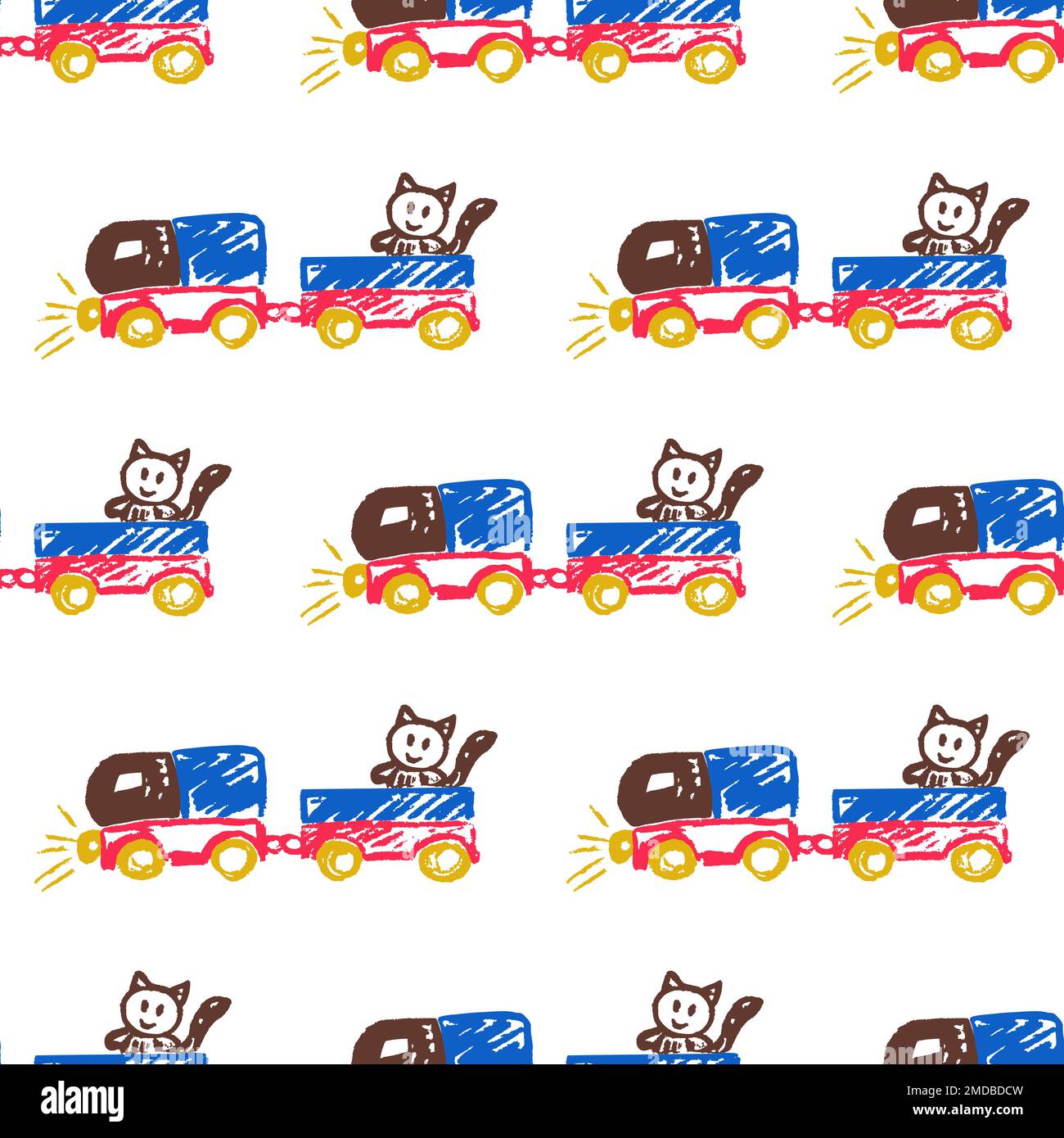 Boys seamless pattern. Truck with a cat. Children's drawings with wax ...