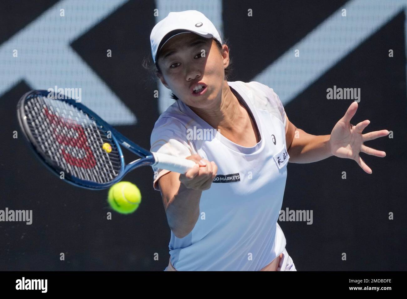 Zhang Shuai of China plays a forehand return to Karolina Pliskova of ...