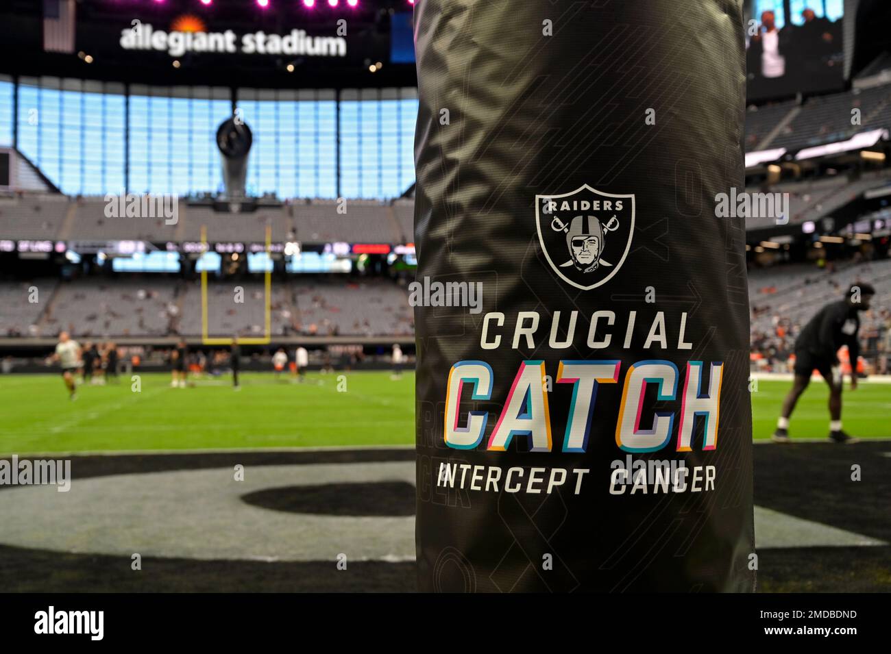 A "Crucial Catch" sign is seen before an NFL football game between the ...