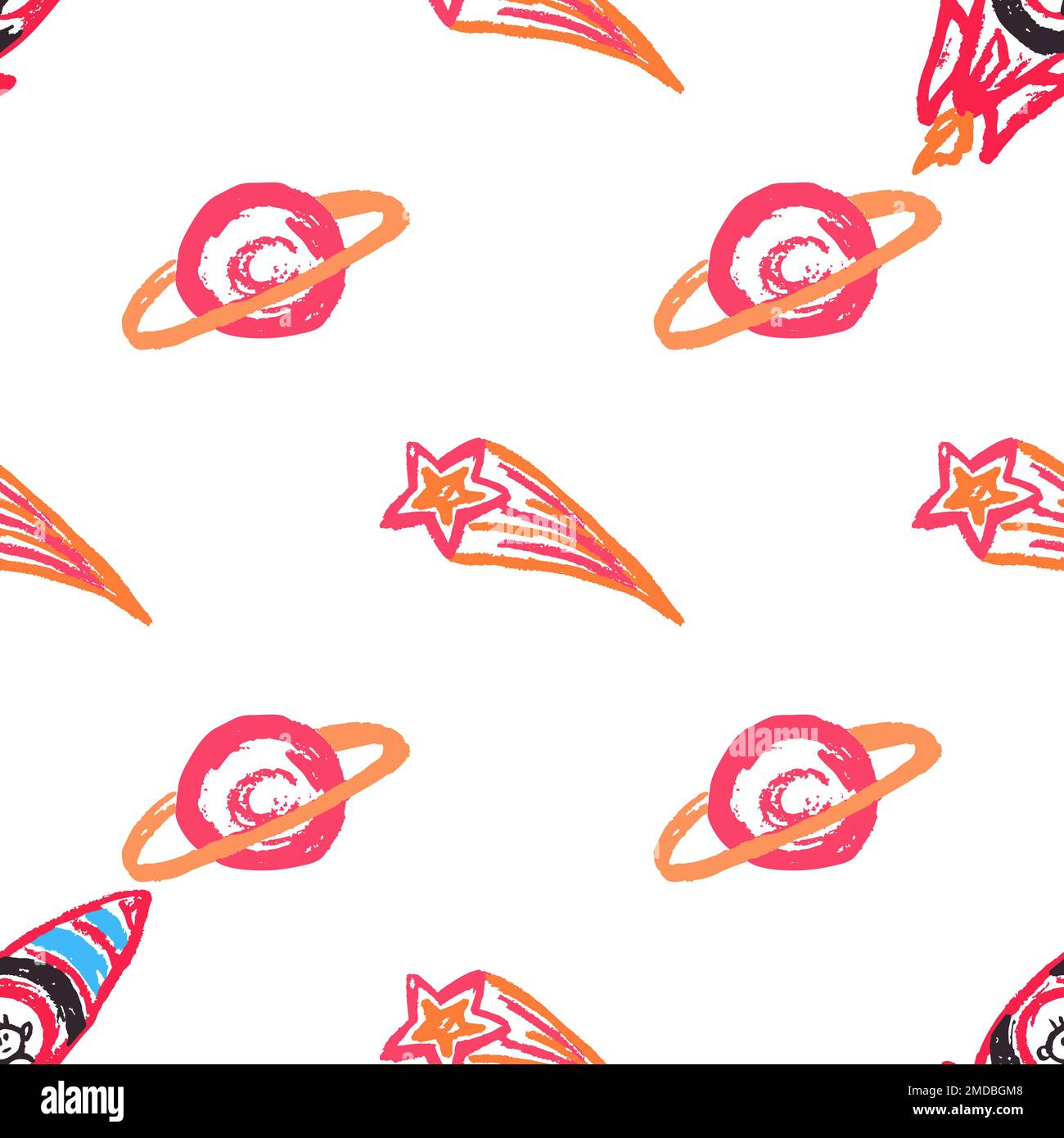 Space seamless pattern. Children's drawings with wax crayons. Space ...