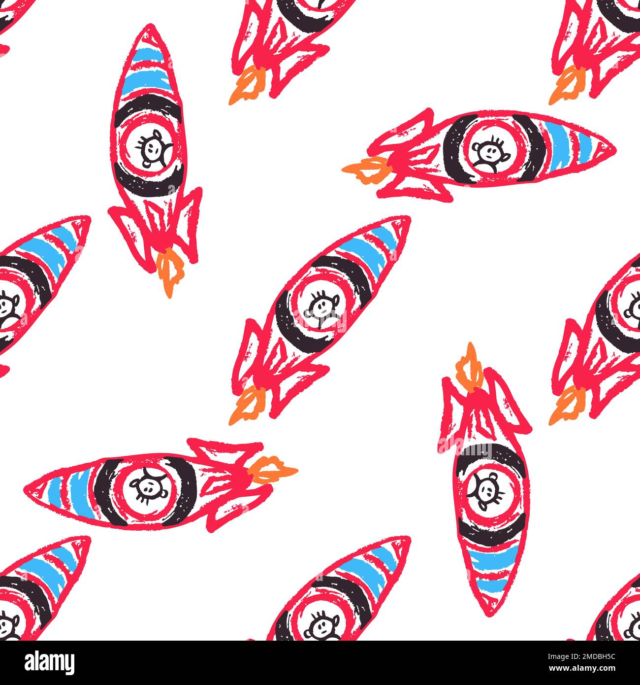 Space seamless pattern. Rockets. Children's drawings with wax crayons ...