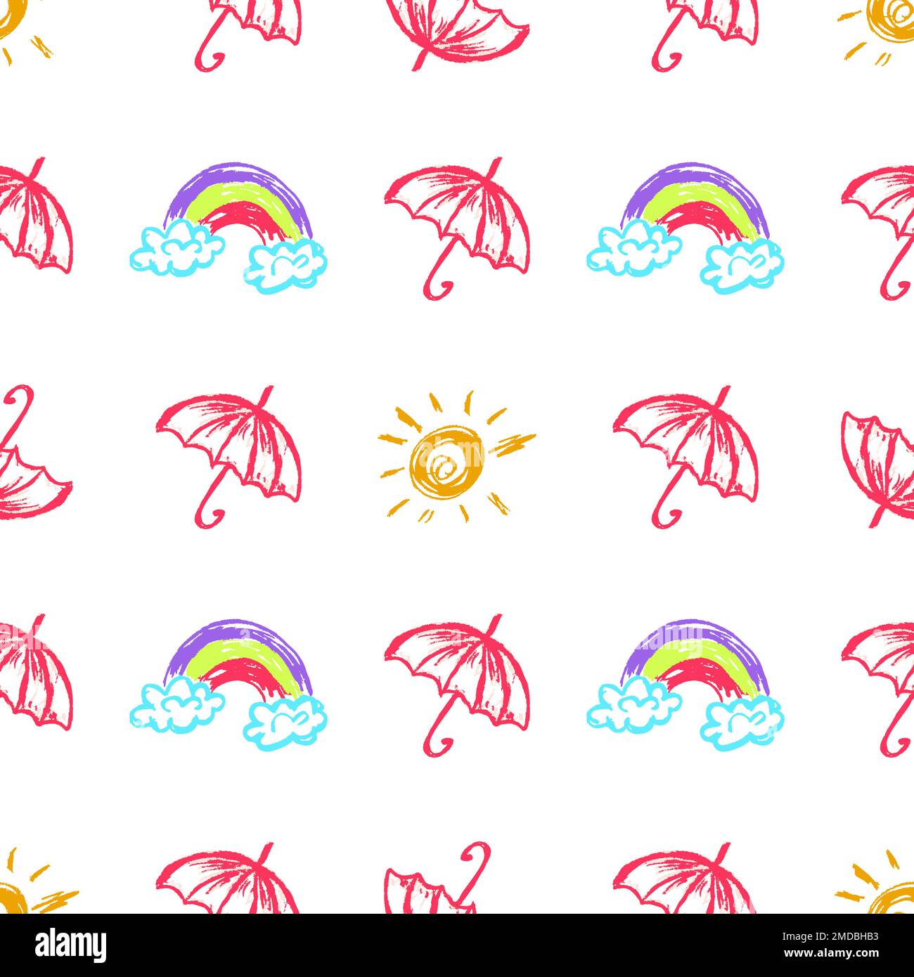 Umbrellas seamless pattern. Children's drawings with wax crayons ...