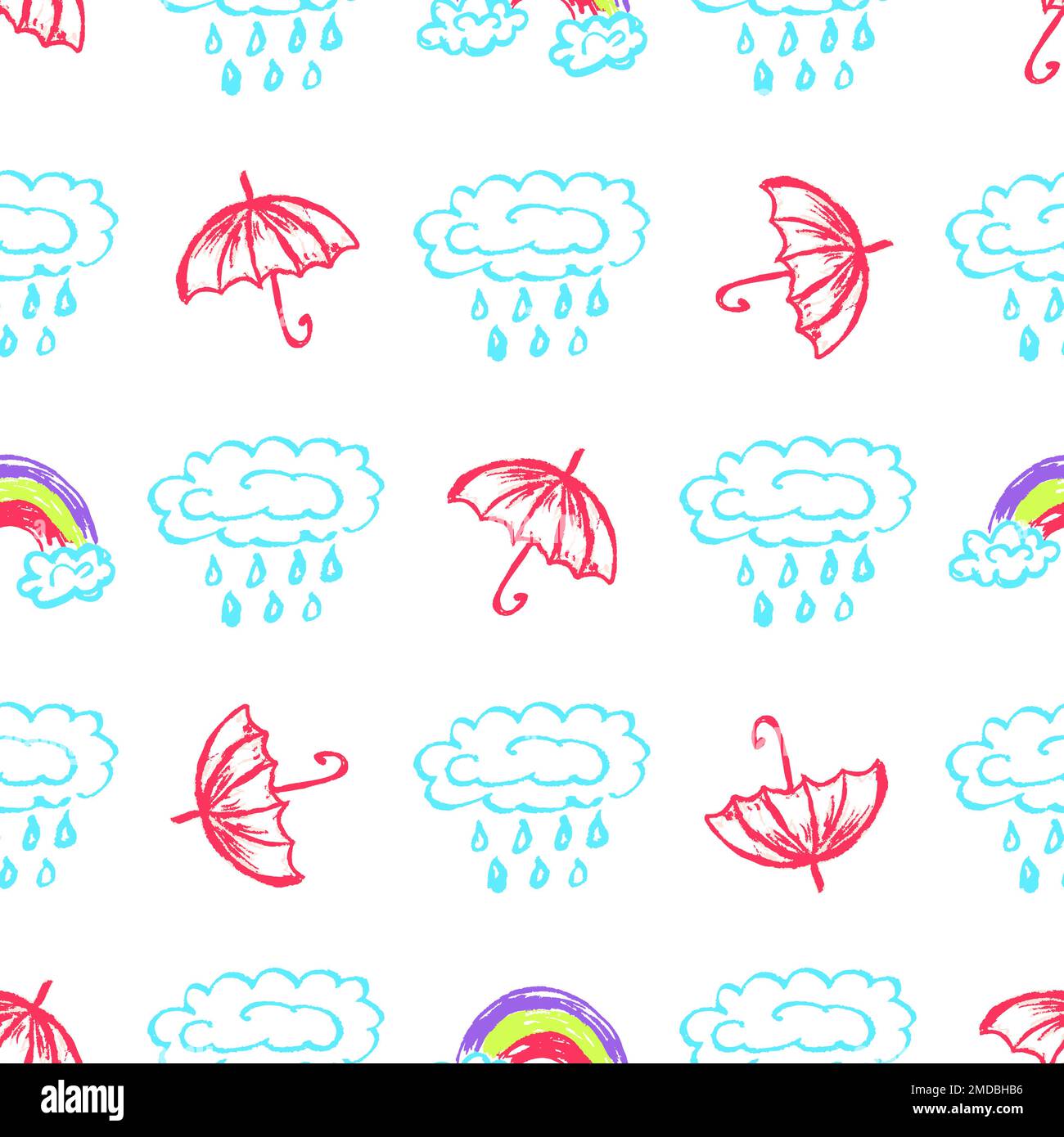 Umbrellas seamless pattern. Children's drawings with wax crayons. Clouds, rain. Print for cloth ...