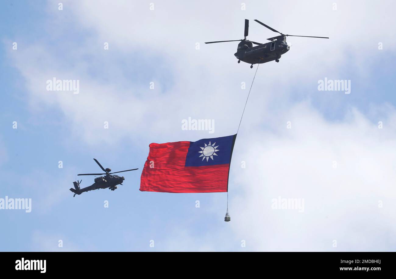 Helicopters fly over President Office with Taiwan National flag during ...