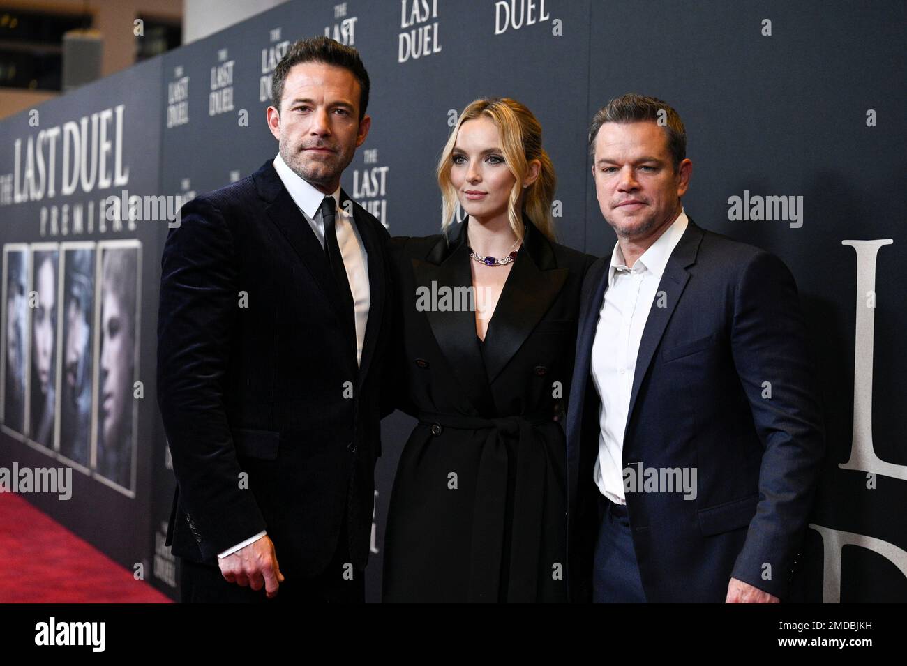 Actors Ben Affleck, left, Jodie Comer and Matt Damon pose together at ...