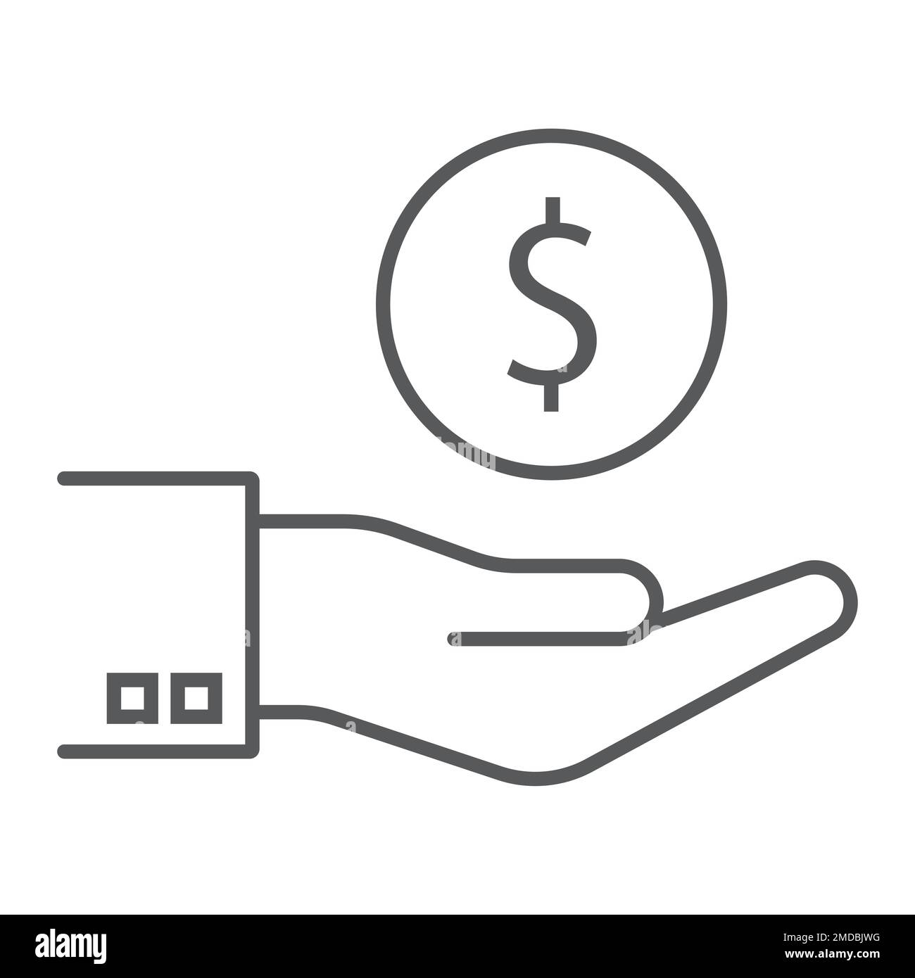 Hand holding coin thin line icon, finance and banking, hand sign ...