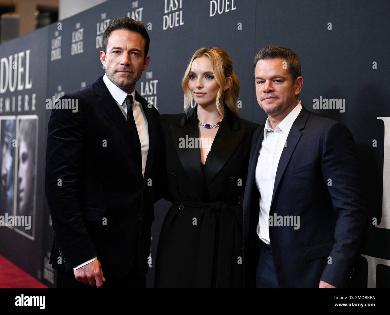 Actors Ben Affleck, left, Jodie Comer and Matt Damon pose together at ...