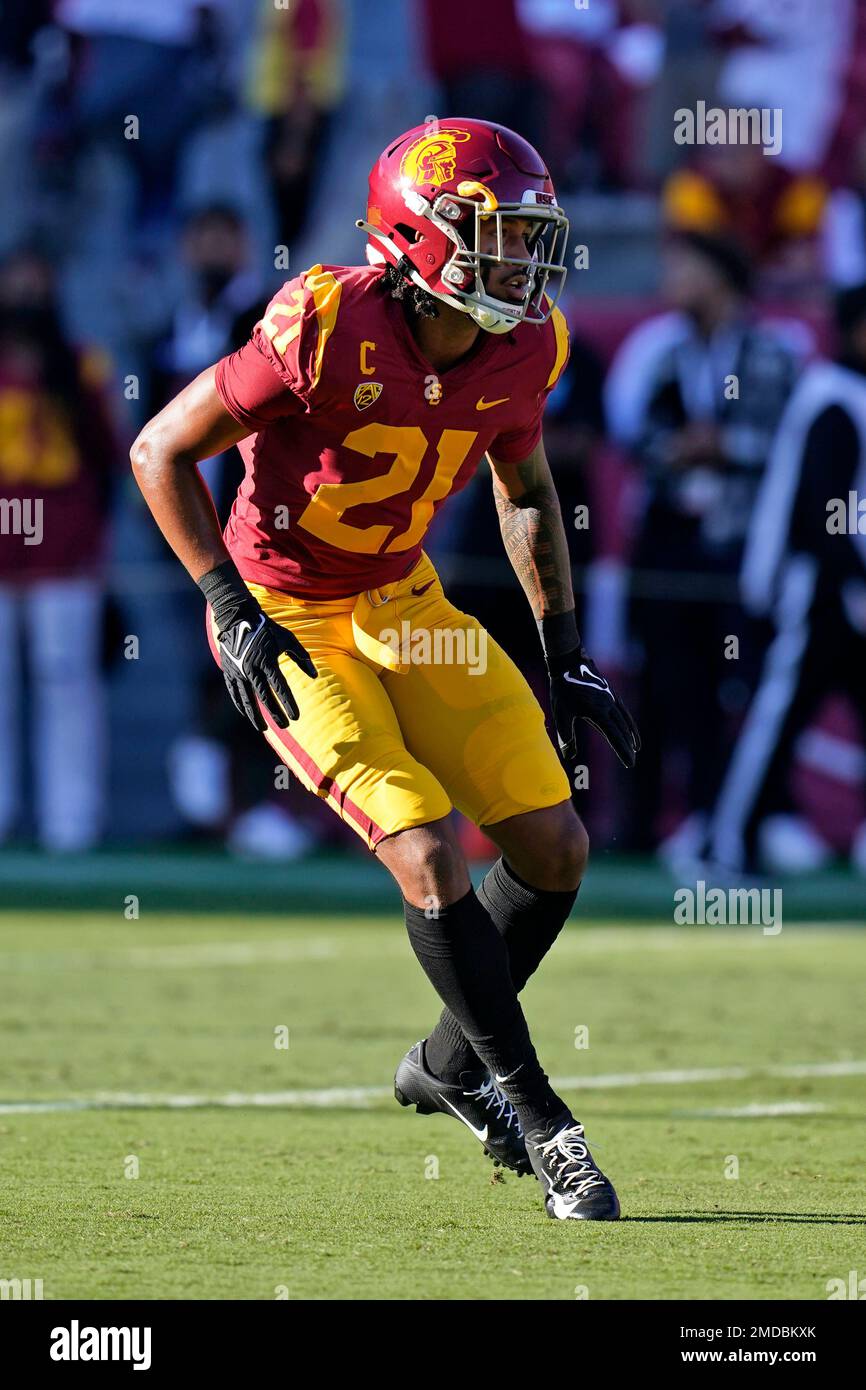 Southern California safety Isaiah Pola-Mao (21) warms up before an NCAA ...