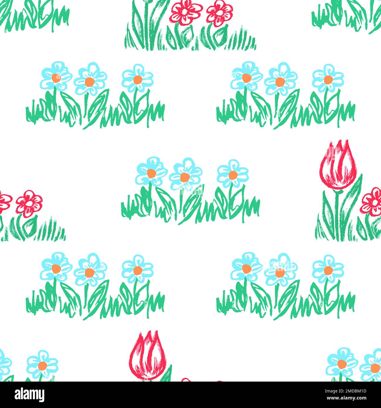 Girly seamless pattern. Children's drawings with wax crayons. Flower ...