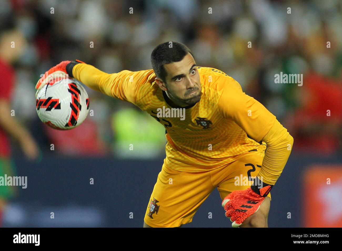 Portugal goalkeeper Diogo Costa throws the ball during the ...