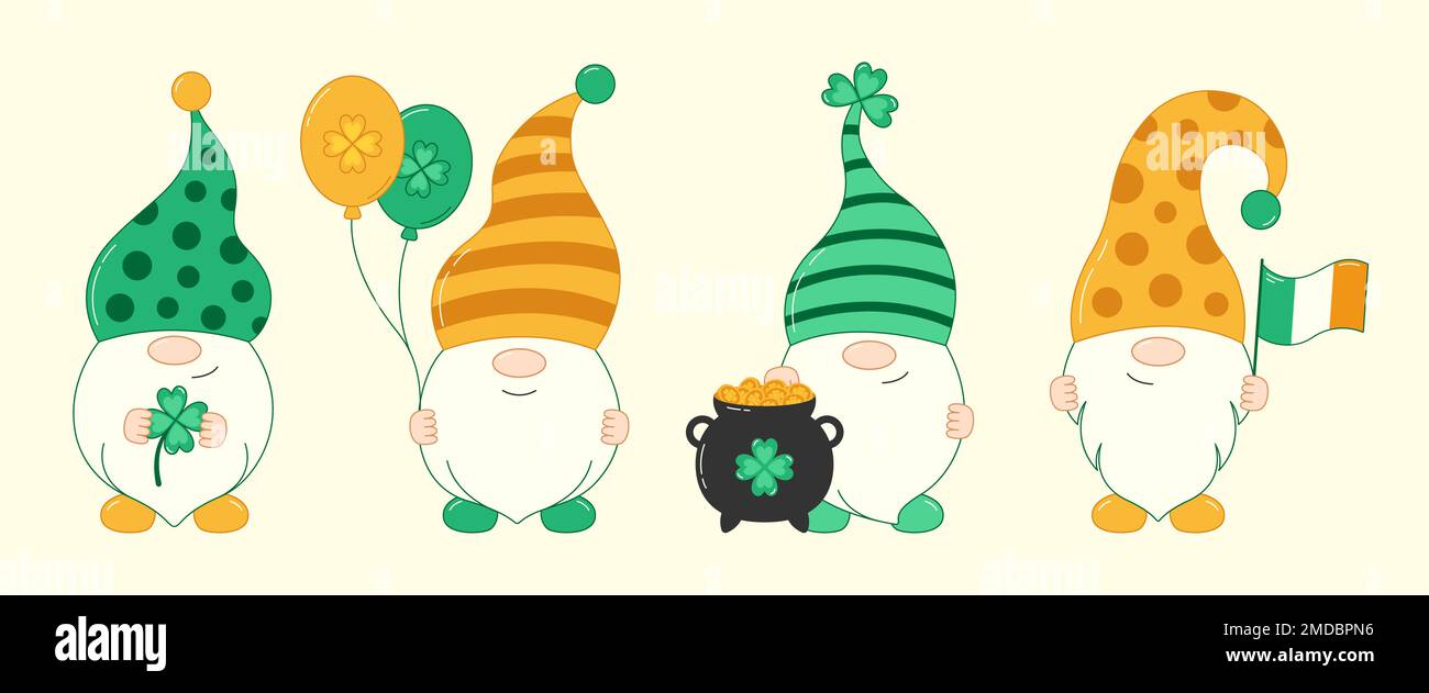 Saint Patricks Day Irish lucky gnomes with clover, balloon, pot of gold ...