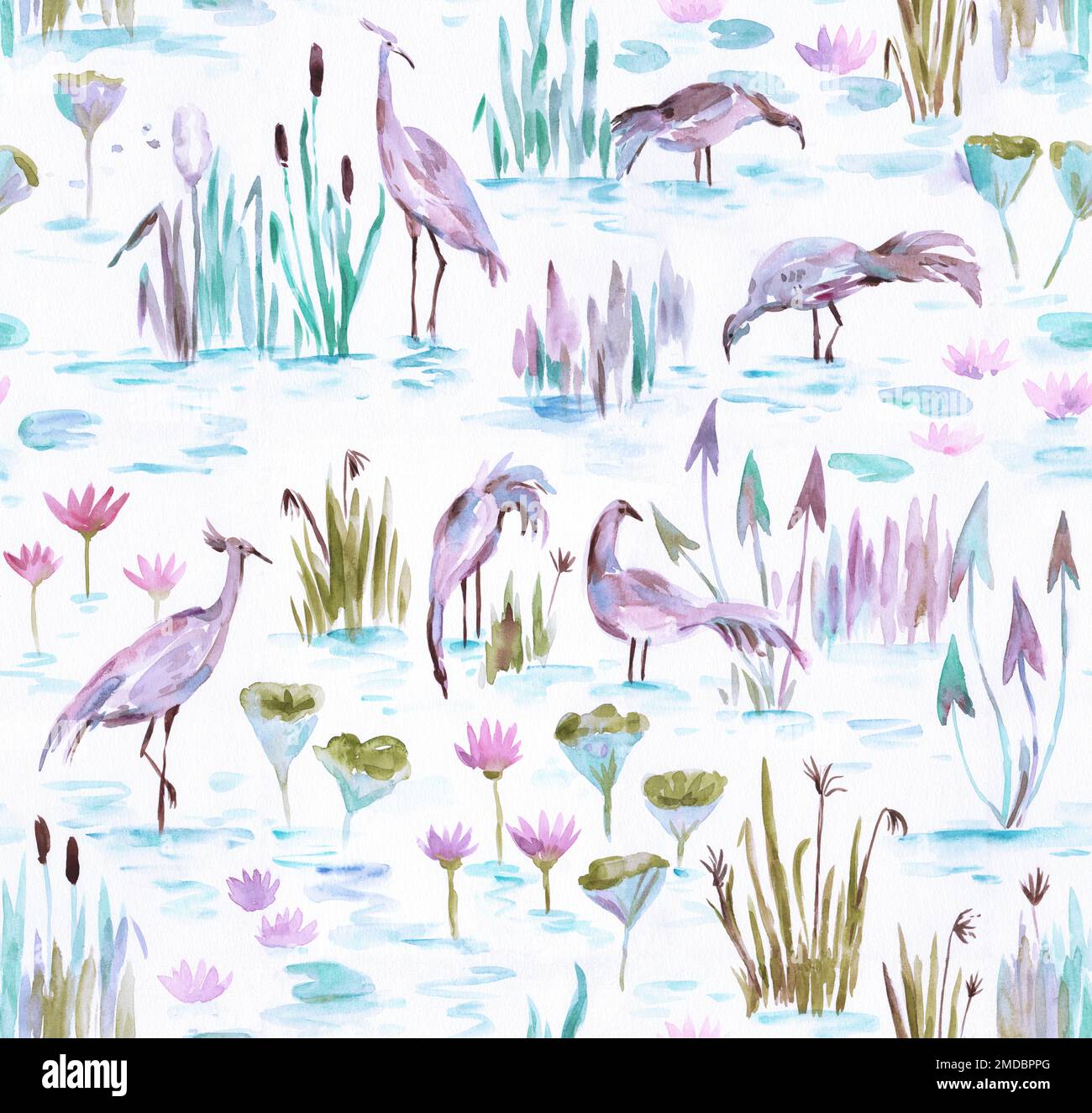 Watercolor seamless pattern with herons, cattails and water lily. Swamp ...