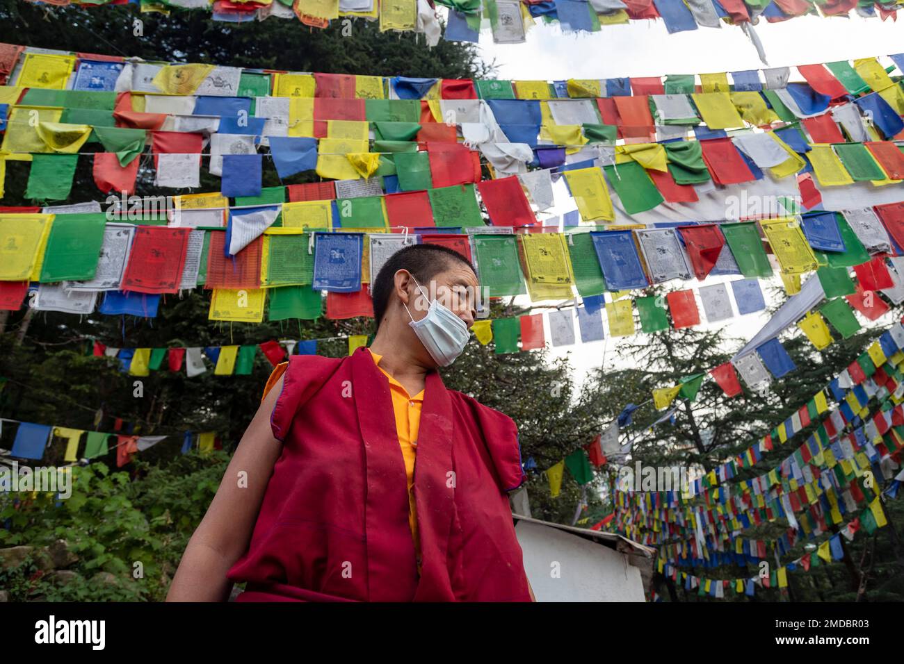 An exile Tibetan Buddhist wearing a face mask stands in front of rows ...