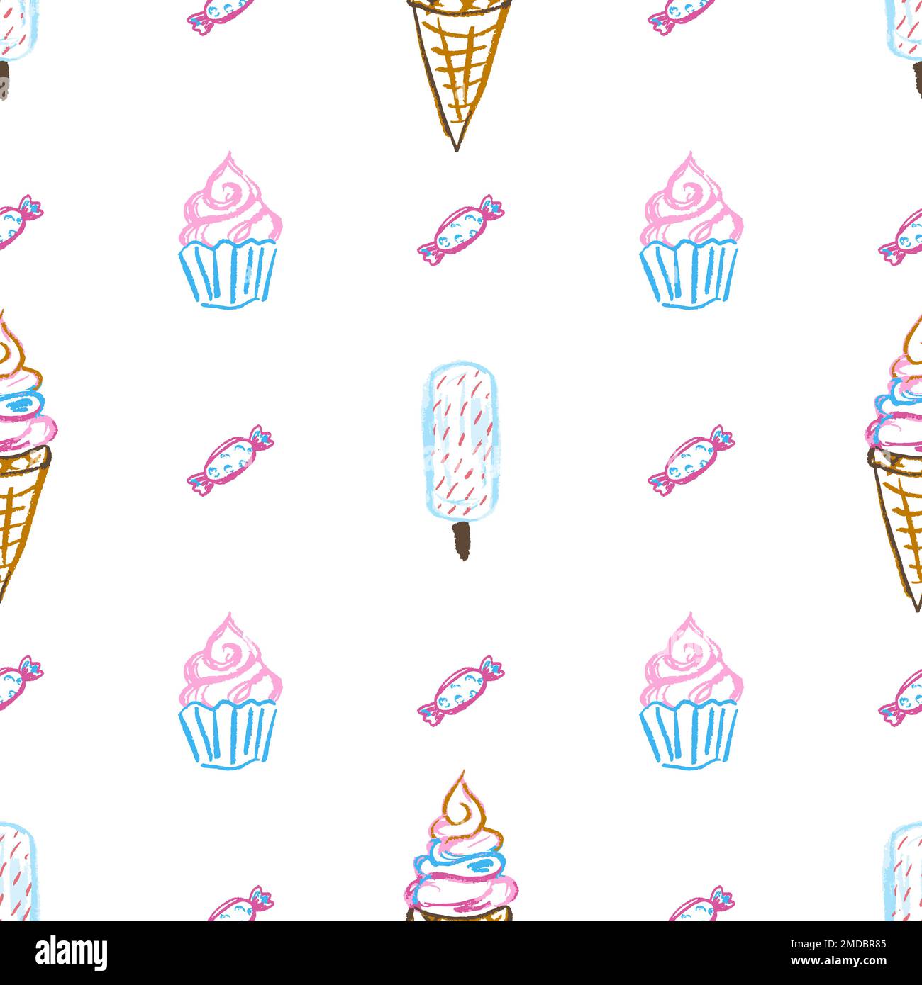 Sweets seamless pattern. Children's drawings with wax crayons. Ice ...