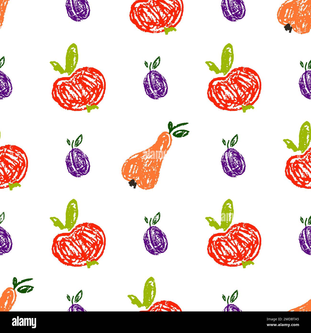 Fruit seamless pattern. Children's drawings with wax crayons. Apples ...