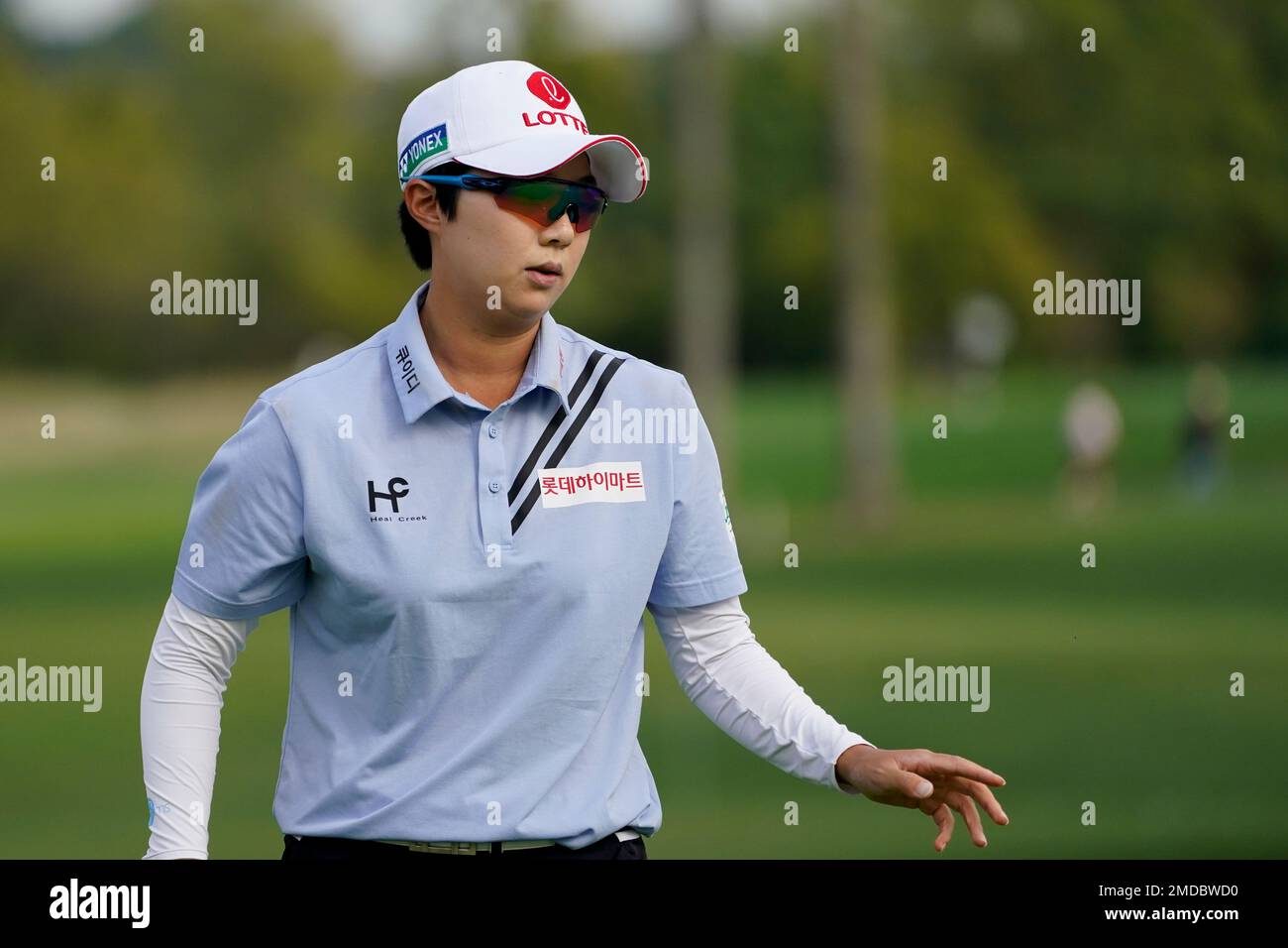Kim Hyo-joo, of South Korea, reacts after sinking a putt on the 10th ...