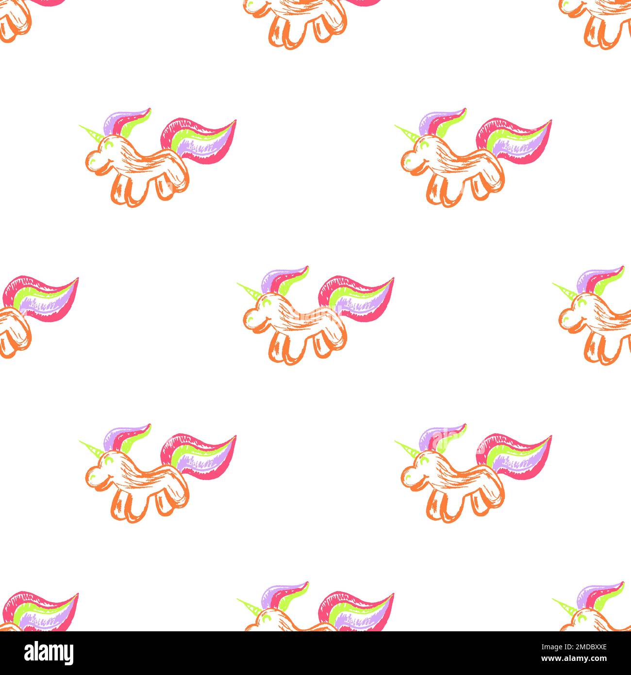 Magic seamless pattern. Children's drawings with wax crayons. Unicorns ...