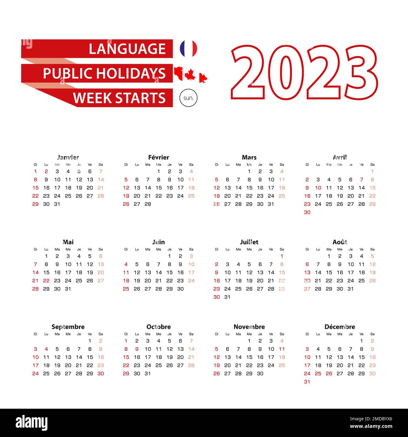 Calendar 2023 in French language with public holidays the country of ...