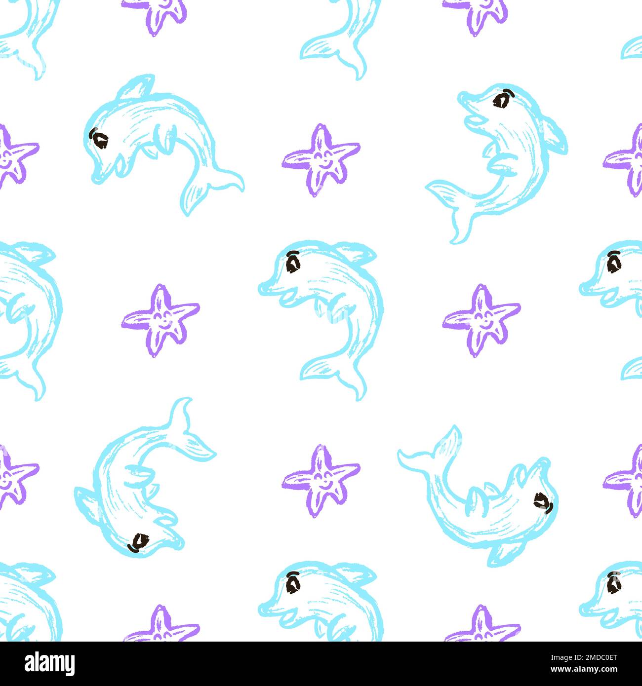 Marine seamless pattern. Dolphins. Children's drawings with wax crayons. Print for cloth design ...
