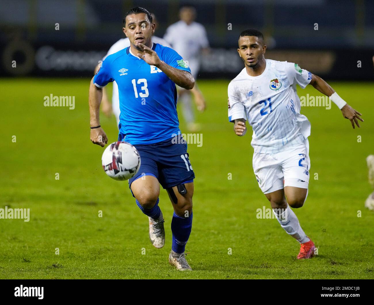 El Salvador's Alex Larin, left, and Panama's Cesar Yanis, vie for the ...