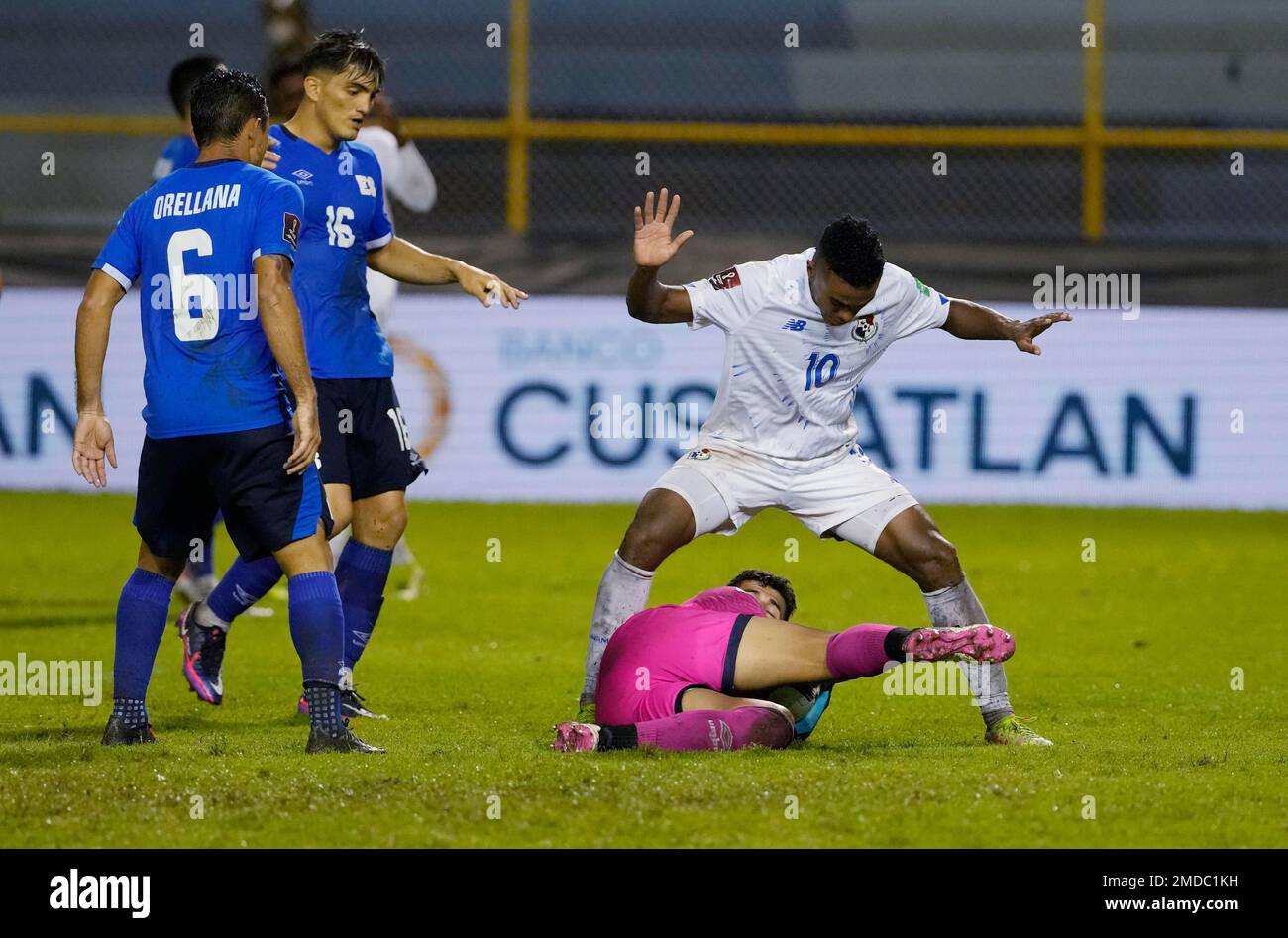 El Salvador's goalkeeper Mario Gonzalez on the ground, intercepts a ...