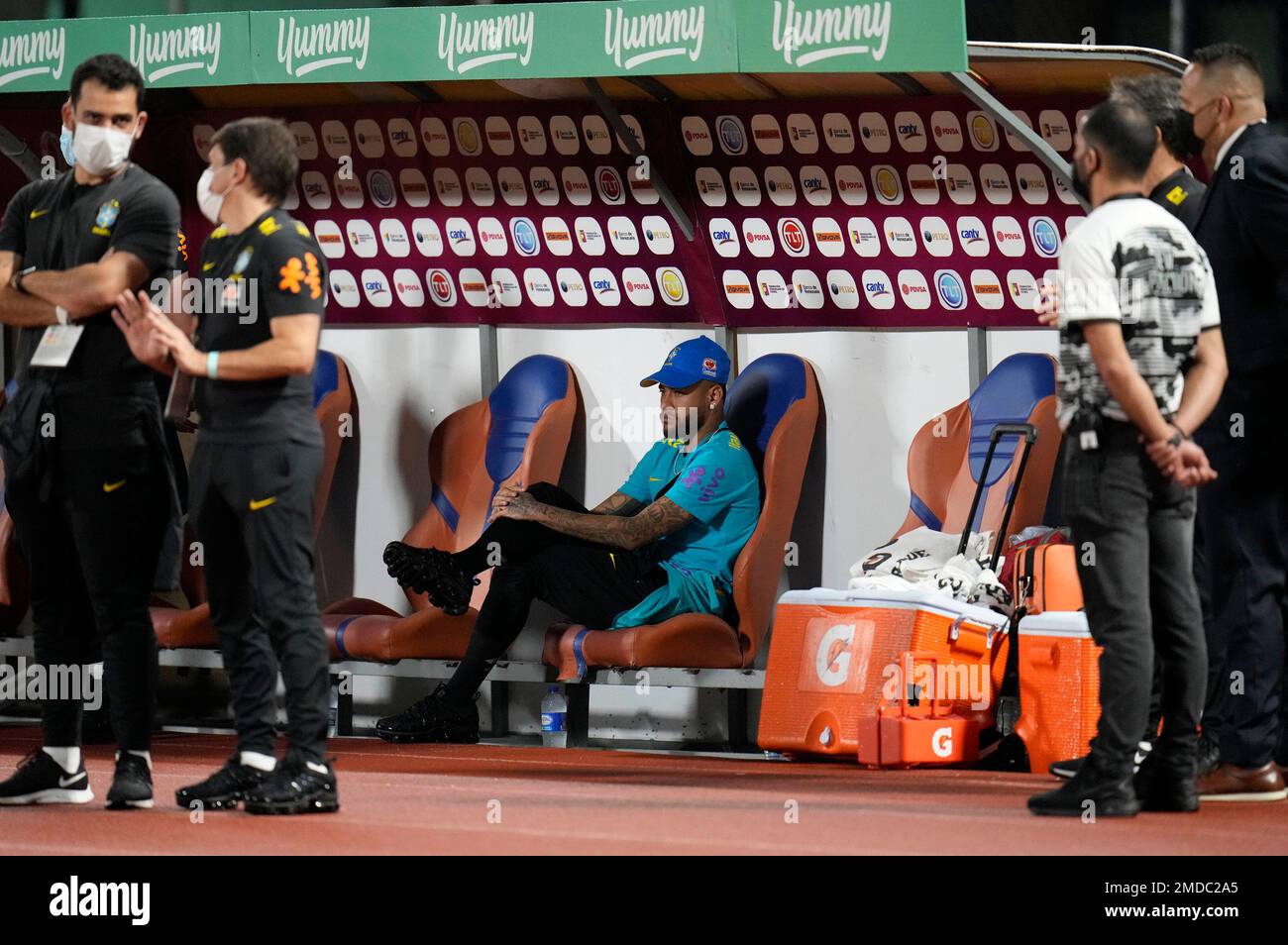 Brazil's Neymar sits on the bench prior the qualifying soccer match ...