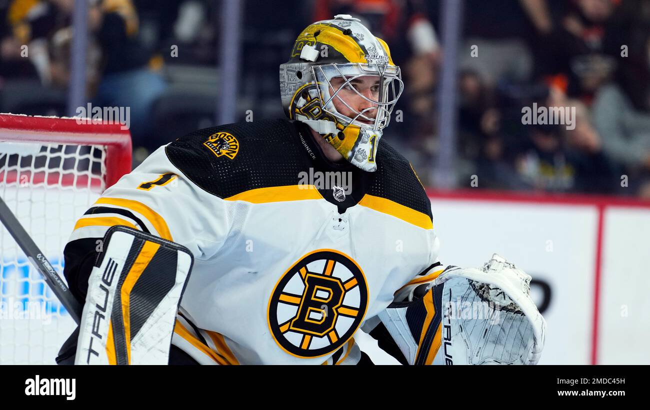 Boston Bruins' Jeremy Swayman plays during a preseason NHL hockey game ...