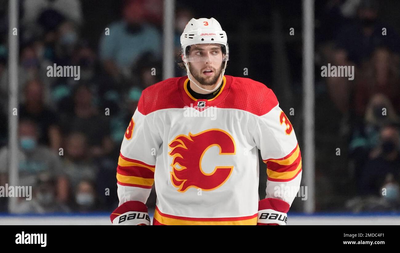 Calgary Flames defenseman Connor Mackey (3) during an NHL preseason ...
