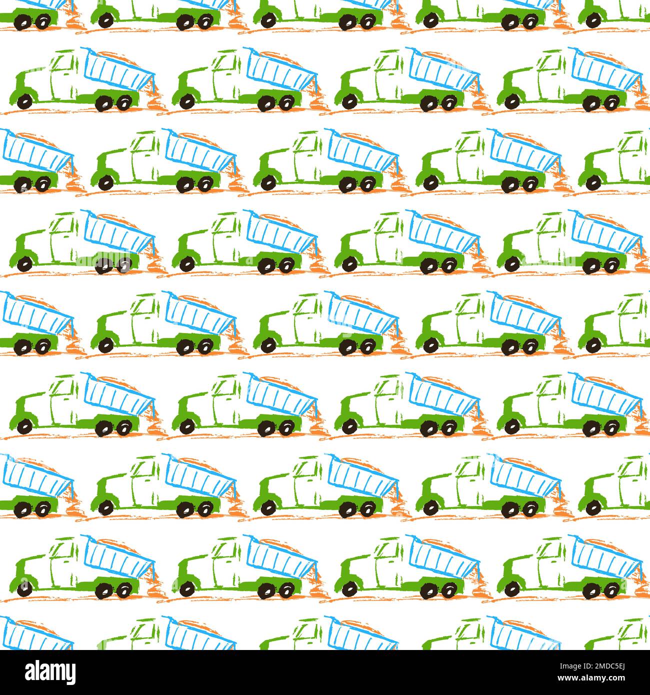 Cars seamless pattern. Dump truck. Children's drawings with wax crayons ...