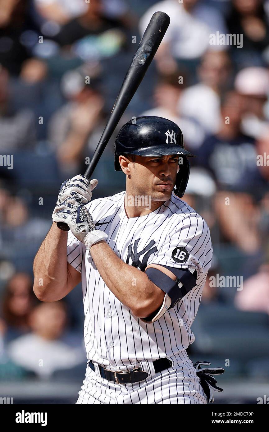 New York Yankees' Giancarlo Stanton at bat during the first inning of a ...