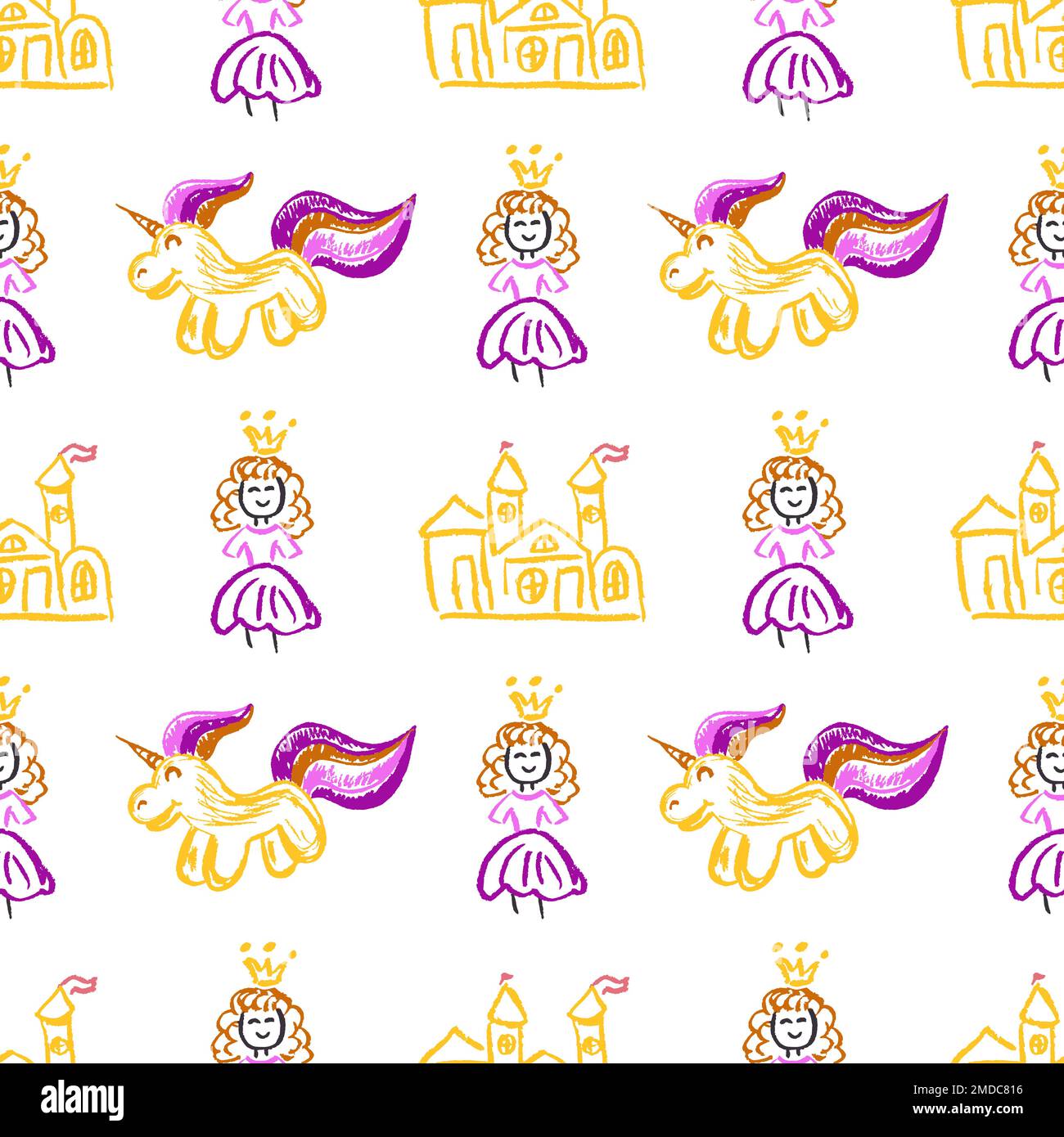 Fairytale seamless pattern. Princess, unicorn. Children's drawings with ...